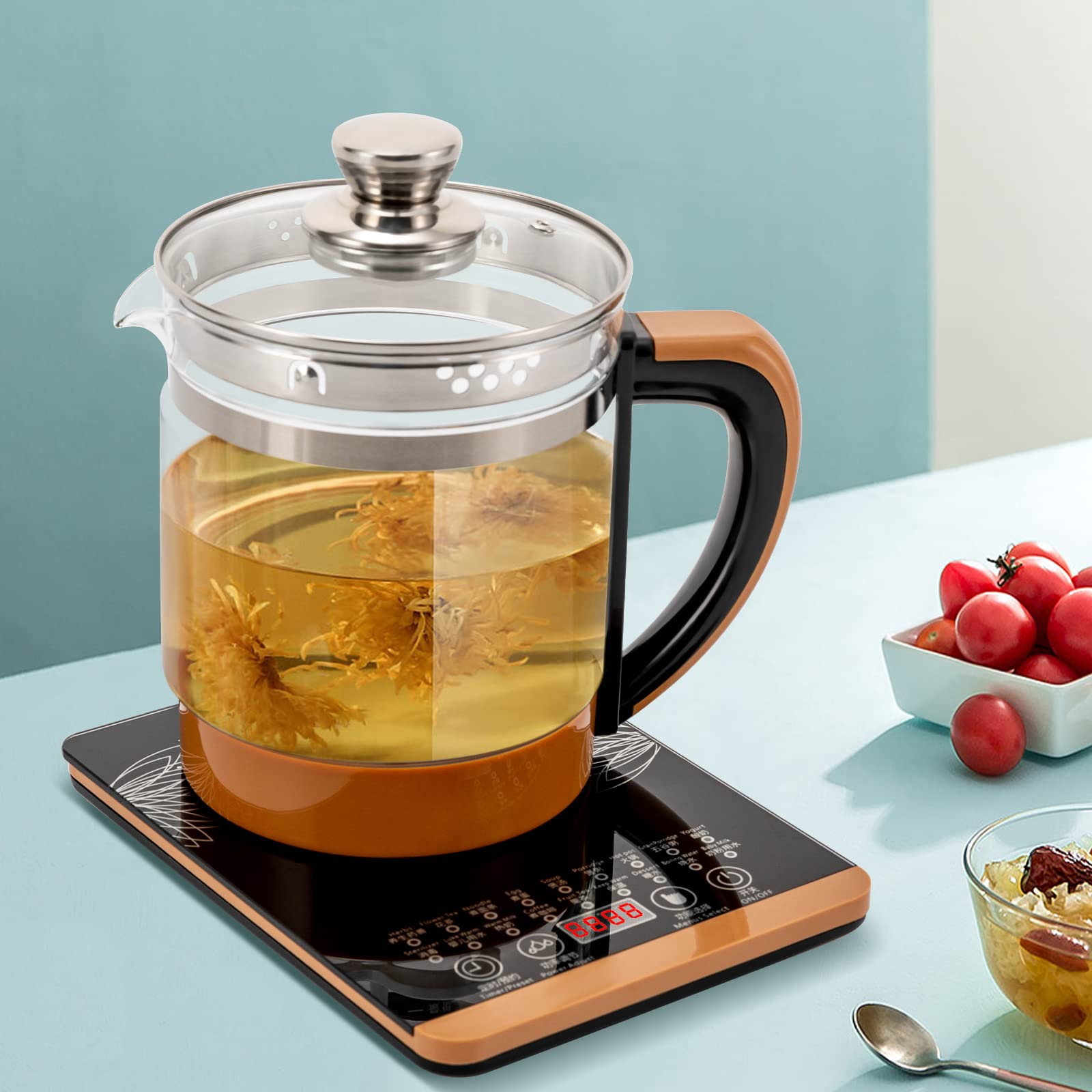 1.8L 800W Electric Glass Kettle with Digital Panel Heating Base, 1* Stainless Steel Tea Strainer, 1* Steamed Eggs Holder, 12 Common Tea Brewing Modes, Clear, Brown