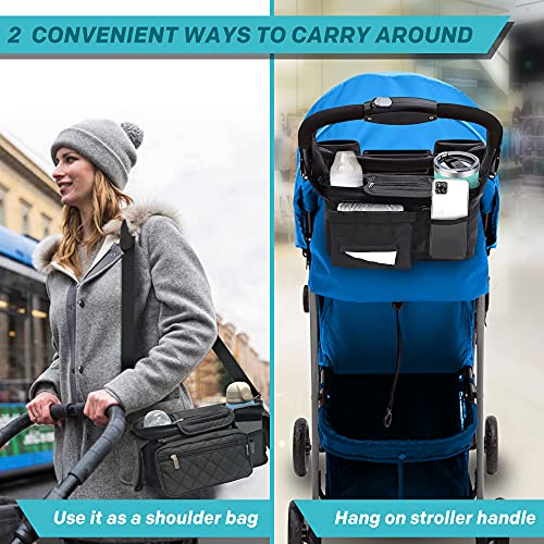 ComfyDegree Universal Baby Stroller Organizer Anti-Slip Detachable Pouch Bag Insulated Bottle Cup Holders Tissue Compartment, Secured Straps, Pockets for Diaper, Phone, Keys, Toys (Black)