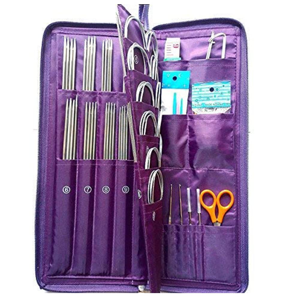 104pcs Knitting Kit Stainless Steel Straight Circular Knitting Needles Crochet Hook Needlework Weave Set Hand Tool with Pu Bag