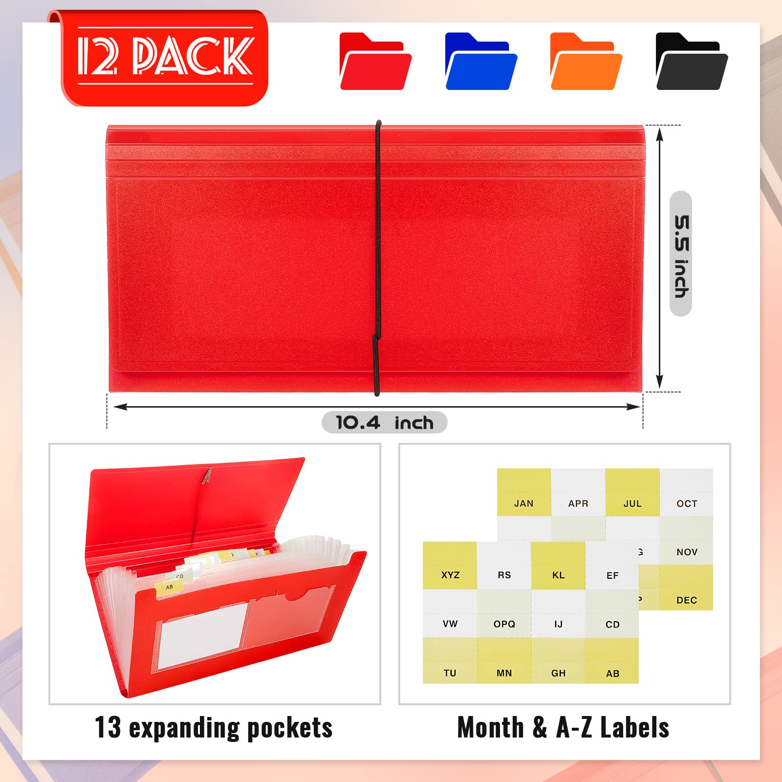 12 Pack 13 Pocket Receipt Organizer Expanding File Folder Coupon Organizer Water Resistant Receipt Holder for Office, Cards, Checks, Tickets(10.4x5.5x1.3 Inch)
