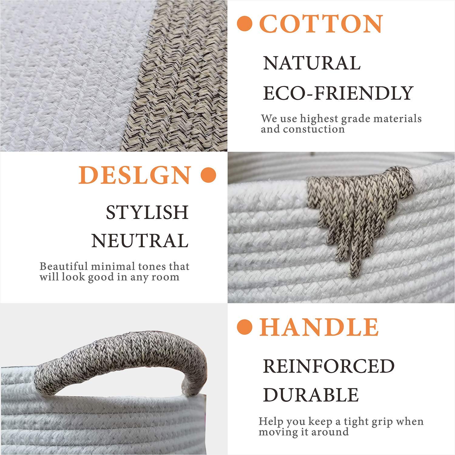 Cotton Rope Woven Storage Basket,2-Pack 12x12x14 Round Organizer Baskets,With Handles Foldable basket For kids& Pets ,Toy, Towels, Blanket ,Clothes.Decorative Basket for Living Room (White&Brown)