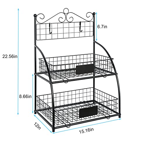 2-Tier Fruit Basket for Kitchen, Bananas Hanger Hook Holder &Countertop Tiered Fruit and Vegetable Storage Bowl Stand, Detachable, Easy to Assemble, Large Capacity for Home Kitchen Organizer-Black