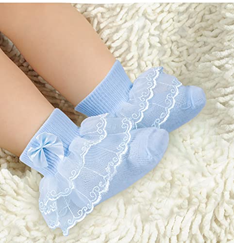 CozyWay Toddler Socks Lace Ruffle Baby Girl Socks Frilly Eyelet Trim Ankle Dress Socks 0-6 Months Multi Color - 6 Pack