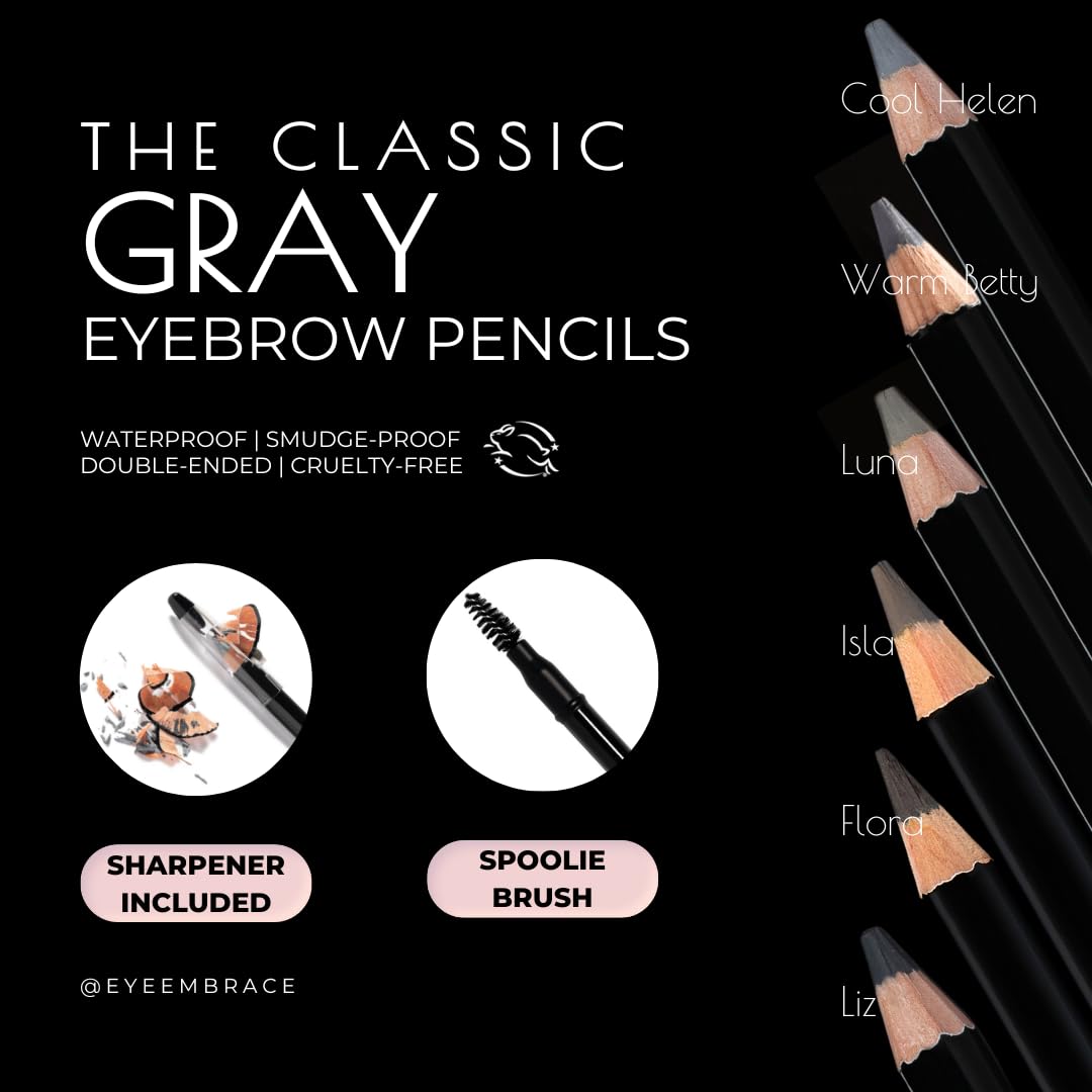 Eye Embrace Liz Classic: Warm Medium Gray Wooden Eyebrow Pencil β Waterproof, Double-Ended Pencil with Sharpener & Spoolie Brush, Cruelty-Free