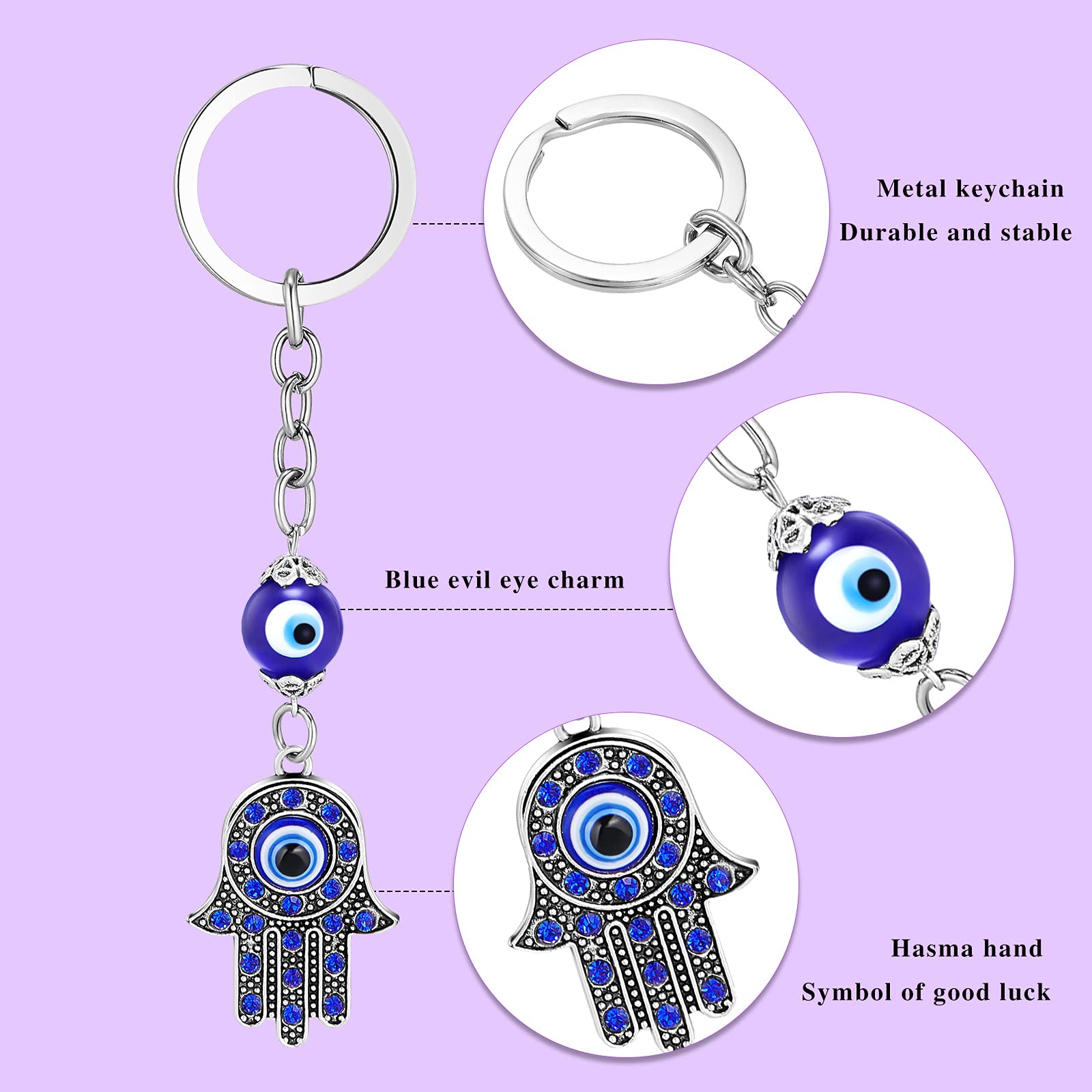 10 Pieces Hamsa Hand Keychain Evil Eye Silver Keychain Fatima Protection Charms Blue Good Luck Key Holder for Attaching to Keys and Bags (10 Pieces)