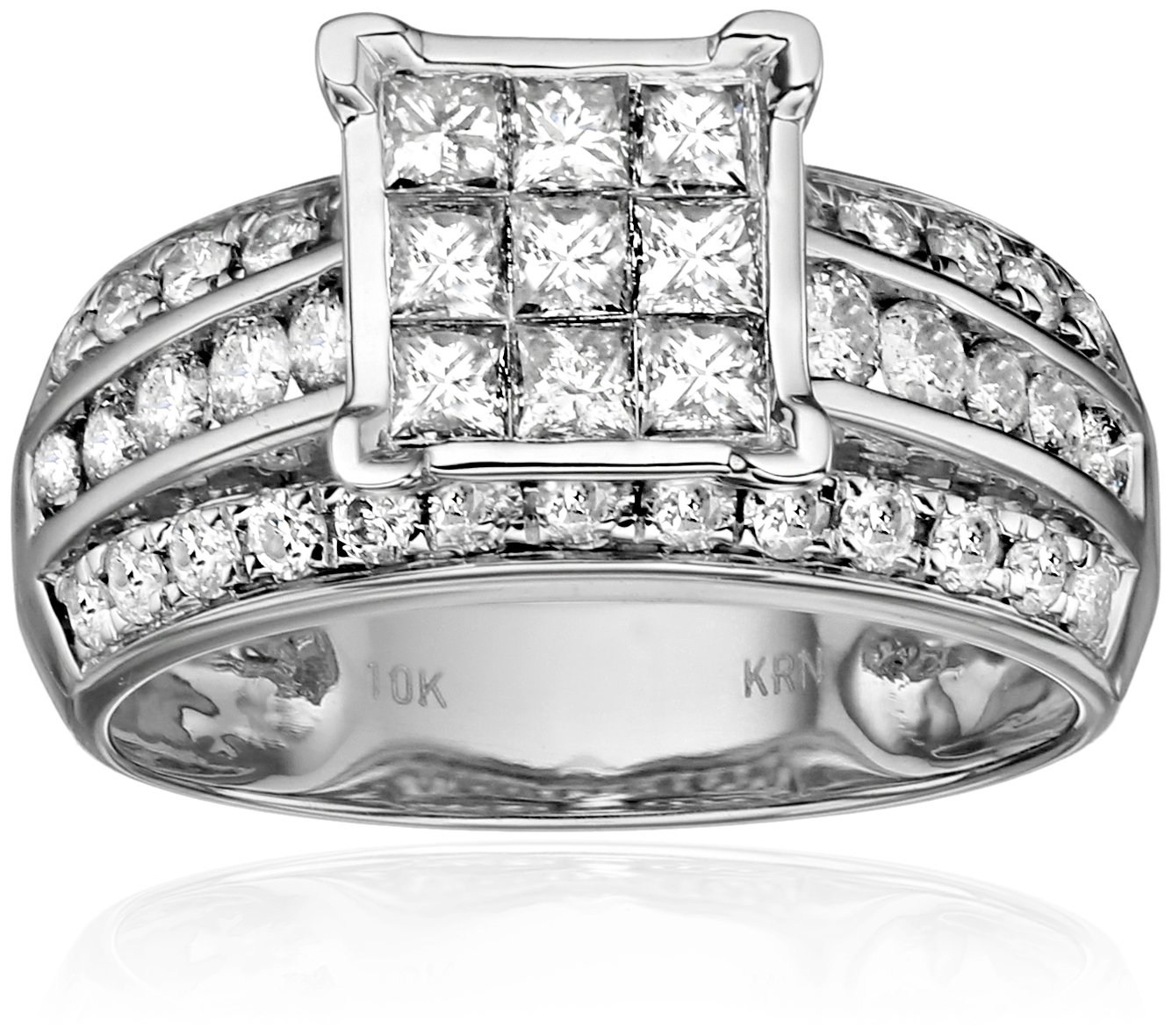 10k White Gold 9-Princess Center Diamond Engagement Ring (1 1/2 cttw, I-J Color, I2-I3 Clarity), Size 7
