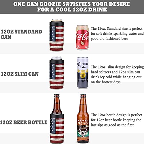 2 Pack Slim Can Cooler, 4-IN-1 Can Insulator for 12 Oz Beer & Soda, Double Wall Stainless Steel Can Sleeves Keep Your Beverages Cold (American Flag&Black)