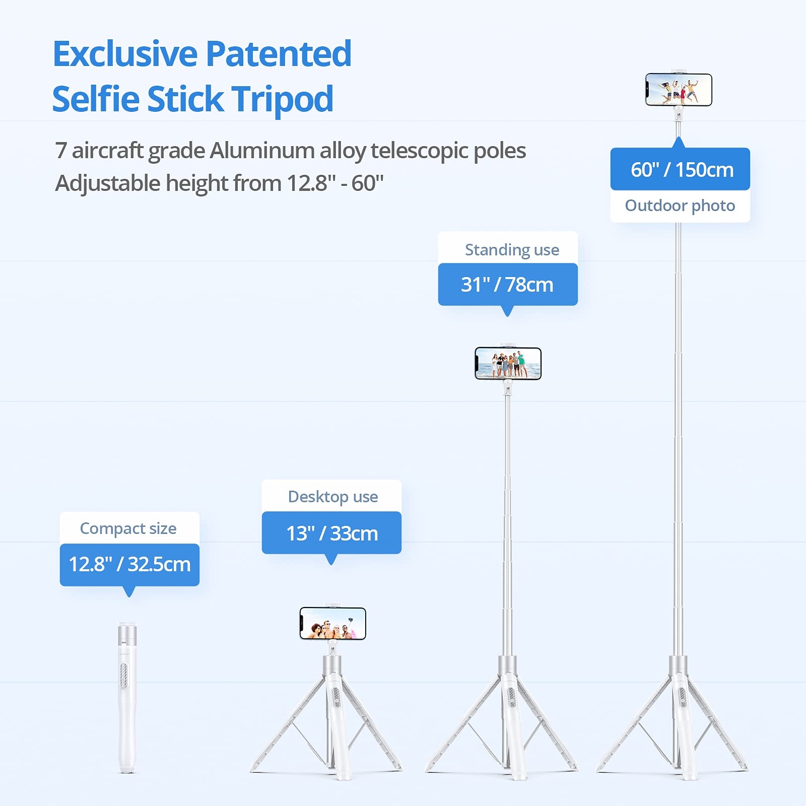 ATUMTEK 60" Selfie Stick Tripod, All in One Extendable Phone Tripod Stand with Bluetooth Remote 360° Rotation for iPhone and Android Phone Selfies, Video Recording, Vlogging, Live Streaming, White