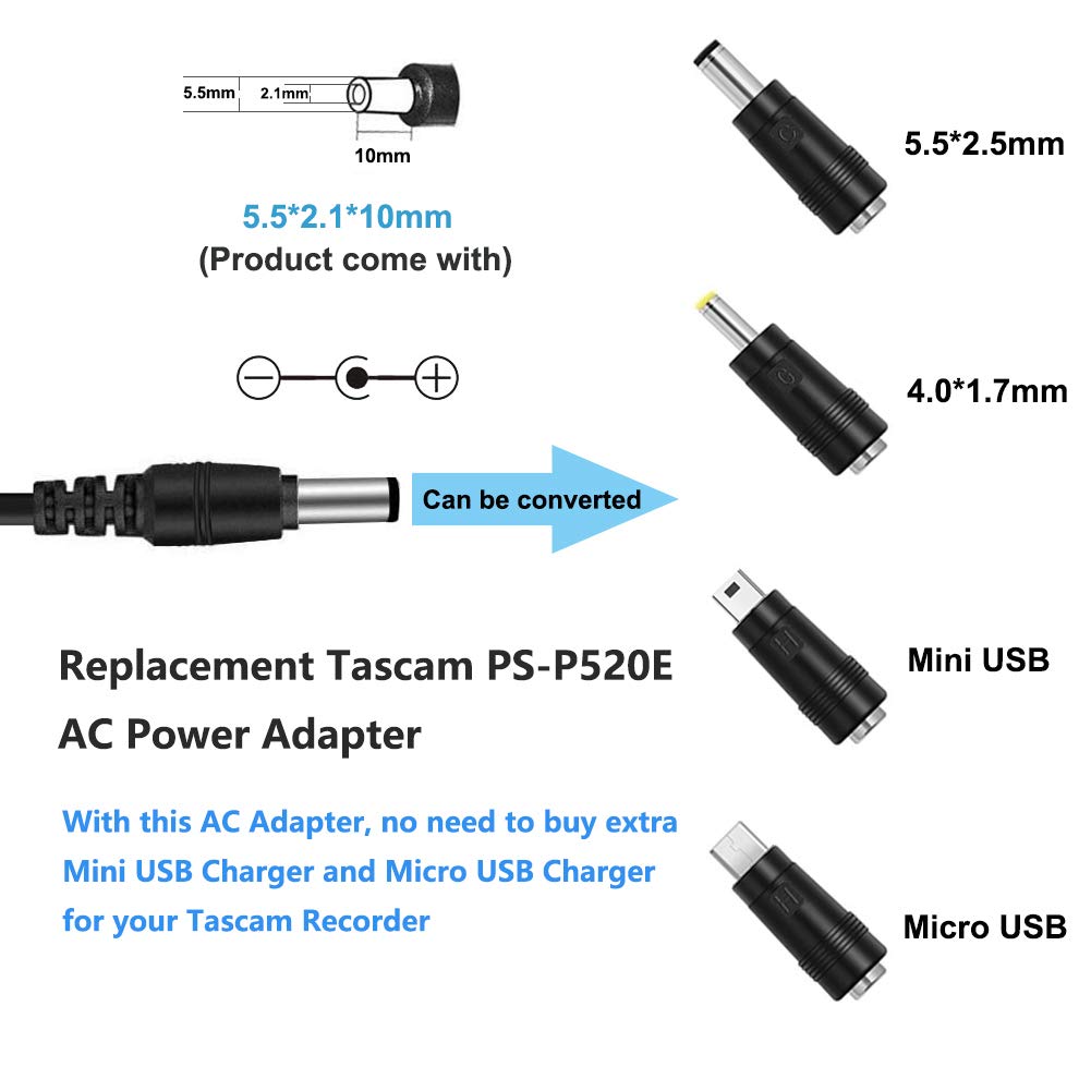 5V AC Power Adapter for Tascam PS-P520E DR-40 DR-05 DR-22WL DP-008EX DP-006 DP-004 DR-07 DR-100; Zoom Q3, Q3HD, R16, R24, H4n, H4n PRO Handy Recorder AD-14A/D Charger Power Adapter