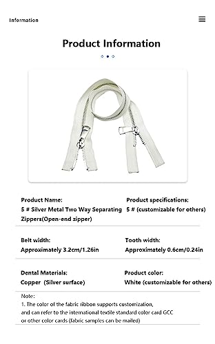 2PCS #5 38inch Two Way Separating Zippers(Open-end Zipper) for Jackets Sewing Coats Crafts,Silver Metal Zippers Bulk(White Belt-38in 2pcs)