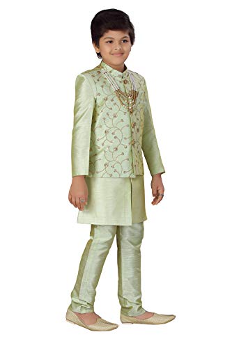 AHHAAAA Kids Ethnic Banarasi Silk Waistcoat Kurta Pajama Set for Boys Green