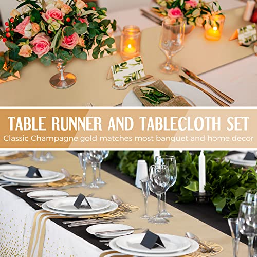 8 Pack Disposable Plastic Tablecloths and Satin Table Runner, 54 x 108 Inch Tablecloth, 12 x 108 Inch Table Runners for Wedding Graduation Birthday Baby Shower New Year Party (Gold)