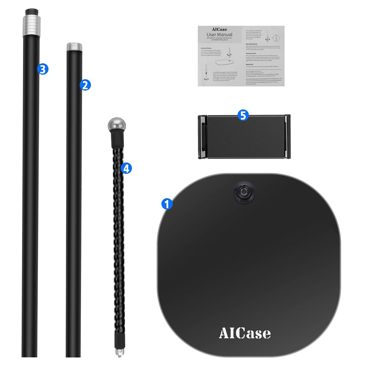 AICase Aluminium Adjustable Height Adjustable (91 cm - 137 cm) & 2.2 kg Stable Base with Gooseneck Compatible with iPad/Tablet from 4.6-13 Inches/Mobile Phone Holder Holder Floor Stand