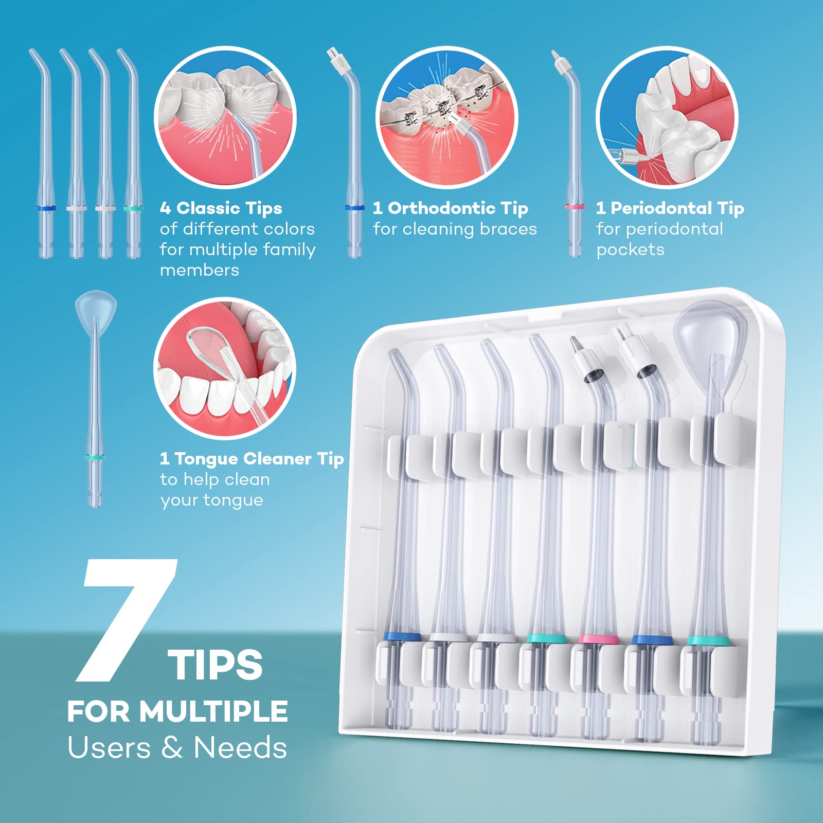 Water Flosser Picks for Teeth Cleaning, 3 Flossing Modes & 10 Pressures Professional Electric Water Flossers for Teeth, Braces, Gums, Kids, Adults, 7 Water Jet Tips Included for Multiple Dental Care
