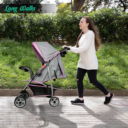 AmorosO Single Stroller - Baby Stroller with Four Wheels - Lightweight Stroller - Convertible Stroller with Extra Storage Space - Foldable Stroller with Sun Protection Hood Cover (Pink/Grey)
