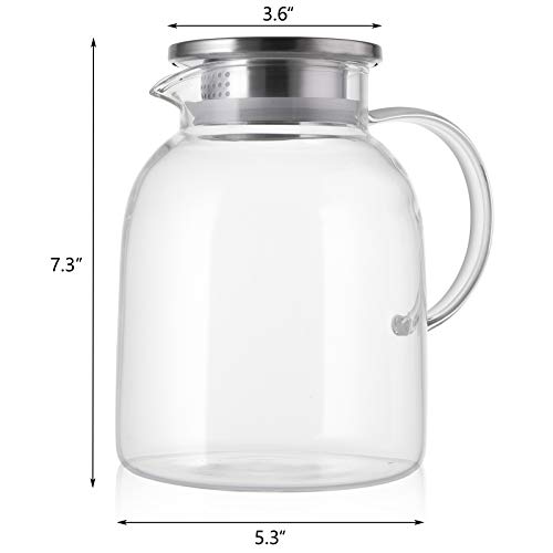 Hedume 2 Liter 68 Ounces Glass Pitcher with Lid, Large Heat Resistant Glass Beverage Pitcher, Glass Water Pitcher with Lid and Handle, Carafe for Iced Tea, Wine, Coffee, Milk and Juice Beverage