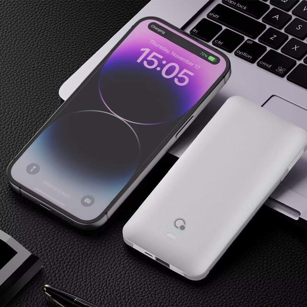 10000mAh Portable Charger, Q Slim USB C Power Bank, 4 Output 2 Input External Battery Pack with Built-in Cabels AC Wall Plug, Compatible with iPhone Samsung etc