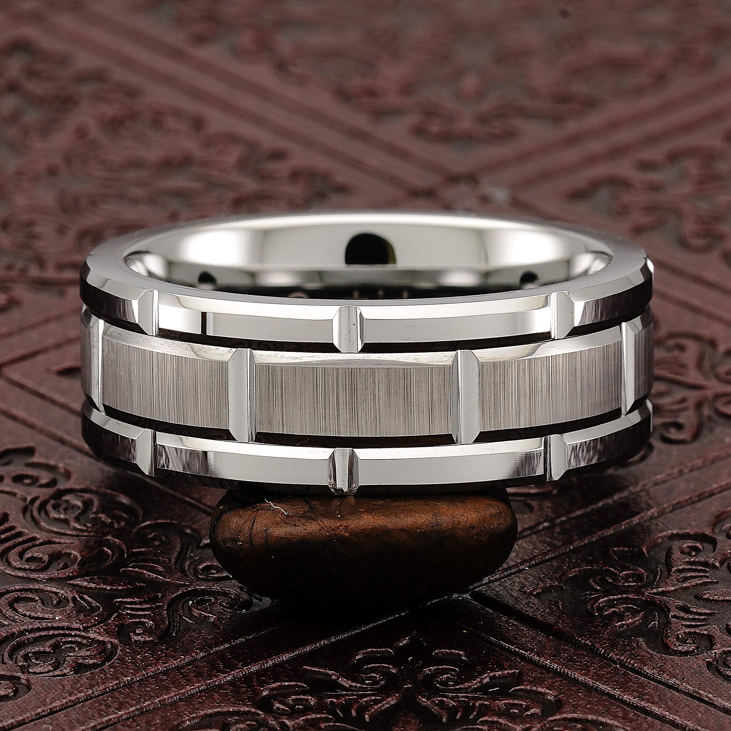 100S JEWELRY Tungsten Rings For Men Wedding Band Silver Brick Pattern Brushed Engagement Promise Size 6-16 (Tungsten, 10)