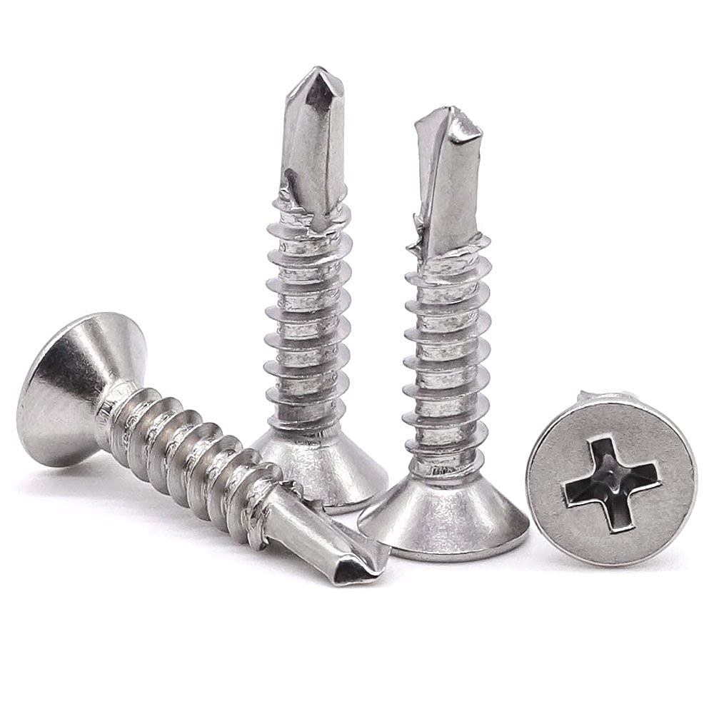 Glvaner 60pcs #10 x 3/4" Phillips Flat Head Self Drilling Screws, Stainless Steel 410, Flat Head Self Quick Self Tapping Screws for Sheet Metal Wood Plastic, Without Pre-drilled Holes