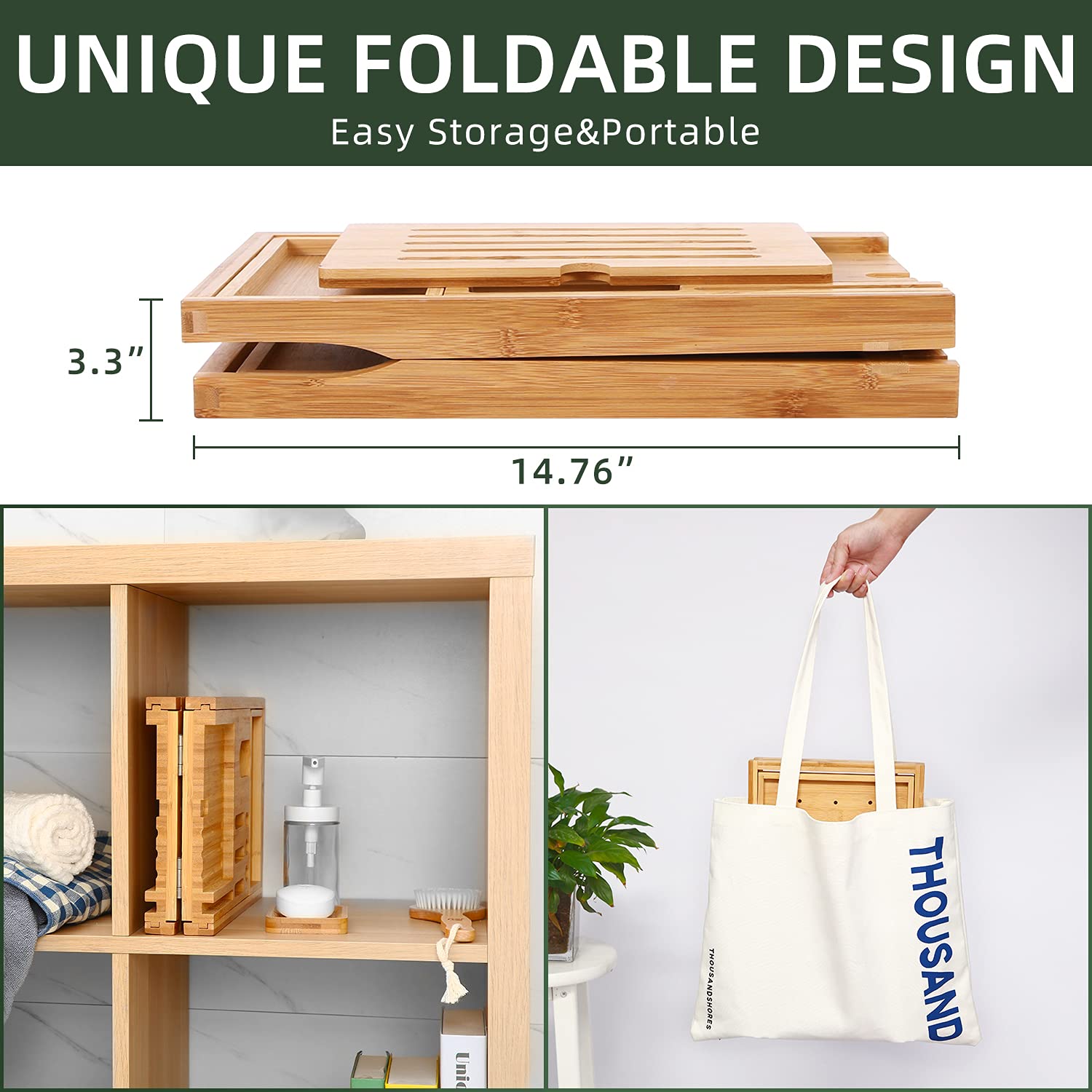 Bathtub Tray, Ohuhu Premium Bamboo Bathtub Caddy Tray Expandable Foldable Bath Tray with Anti-Slip Grips Soap Wine Phone Holder