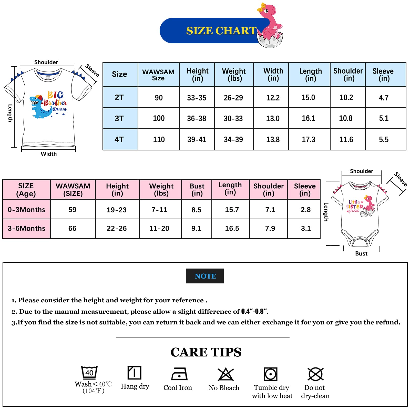 WAWSAM Big Brother Little Sister Matching Outfits Dinosaur Sibling Shirts Set Gift, White, 3T(Kid)/0-3M(Baby NB)