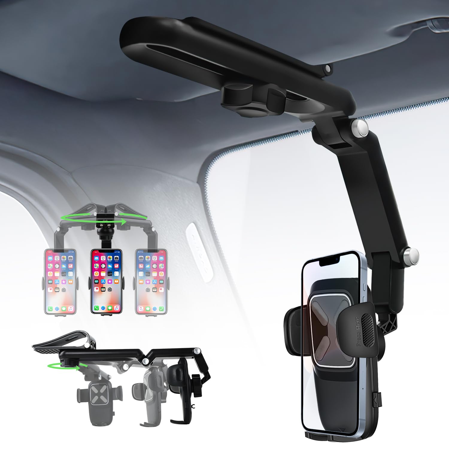 1080°Rotatable and Retractable Car Phone Holder,Sun Visor Phone Holder for Car,Multifunctional Rear View Mirror Phone Holder,Foldable 360 Rotating Cell Phone Mount for All Mobile Phones (Gray)