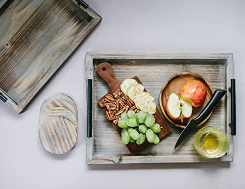 Decorative Ottoman Serving Tray Wooden Rustic (Set of 2) | Black Sleek Metal Handles | 4 Matching Coasters | Coffee Table Decor | Serving Kitchen Platter | Summit Living | For All Occasions