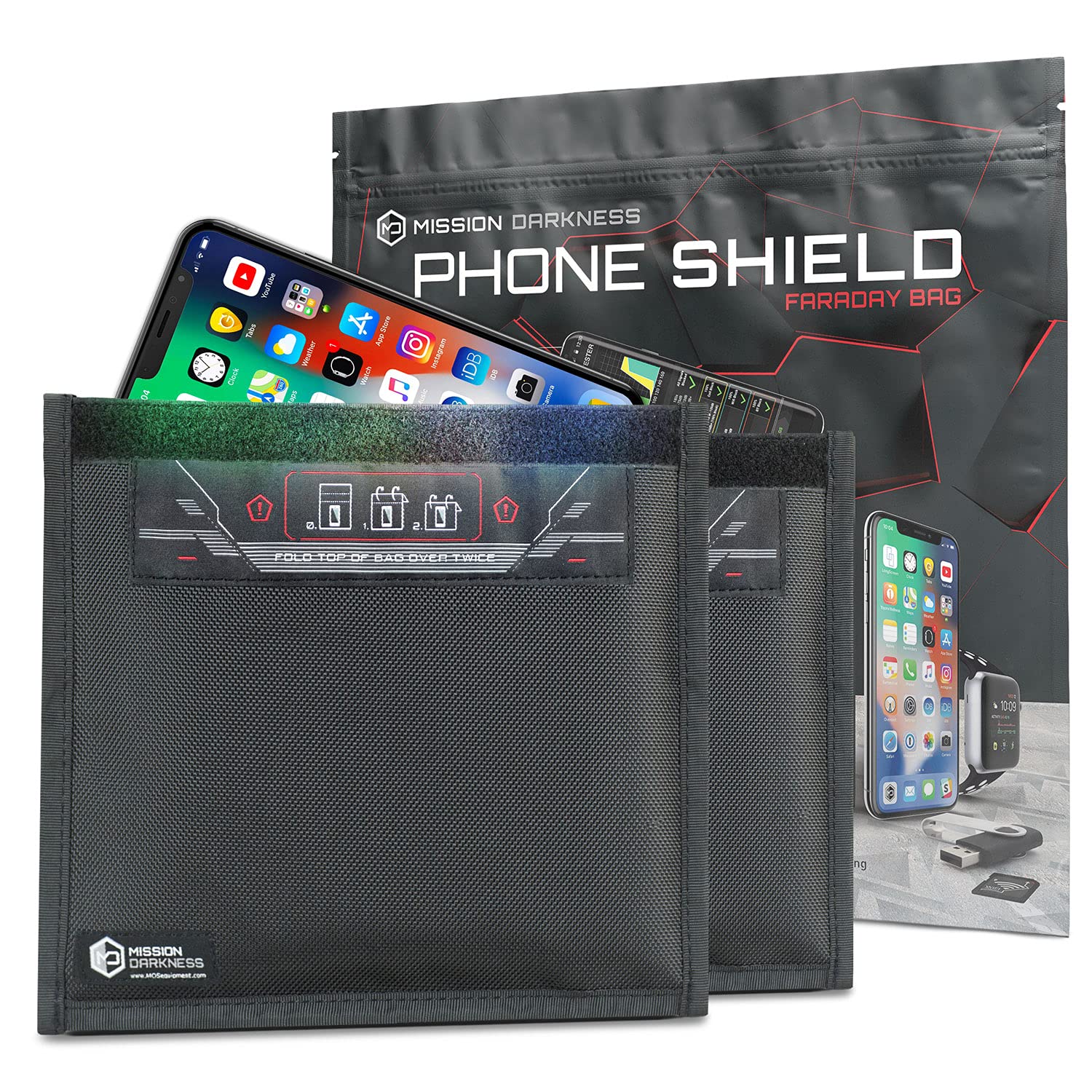 Mission Darkness Non-Window Faraday Bag for Phones (2-Pack) // Signal Blocking Bag Prevents Hacking Tracking Spying, Device Shielding for Law Enforcement Military Digital Forensics, EMP CME Protection