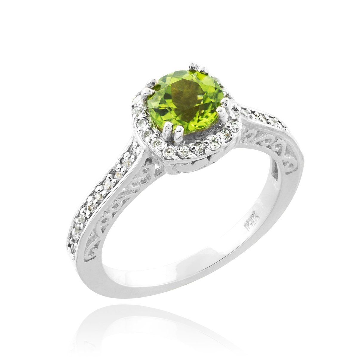 10k White Gold Diamond Halo Band August Birthstone Peridot Engagement Ring (Size 7)
