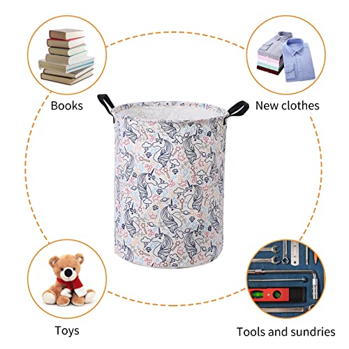 LOTADILO Laundry Basket Storage Baskets with Handle Nursery Hamper Collapsible Large Sized Round Bin for Bedroom, Kids Boys and Girls, Office, Clothes,Toys (Unicorn)