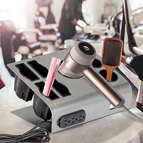 PENNYNANA Large 8-Hole Salon Desktop Hair Iron & Blow Dryer Holder,Hair Tool Organizer Barber Organizer w/ 3-Plug Outlet,Metallic…