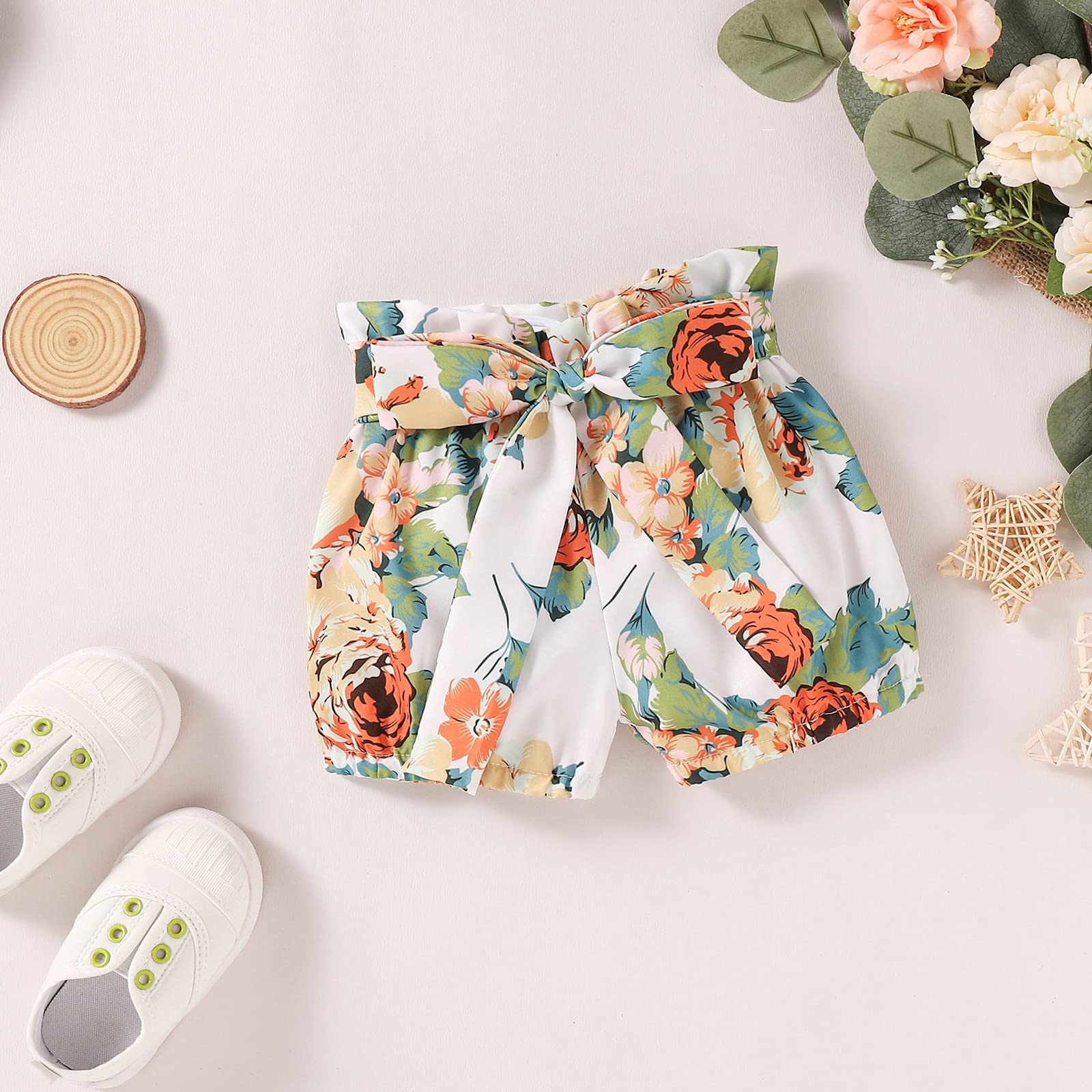 Baby Girl Clothes Infant Summer Outfits Set Ruffle Sleeve Romper Floral Pants 3PCS Bodysuit +Shorts +Headband (Green, 0-3 Months)