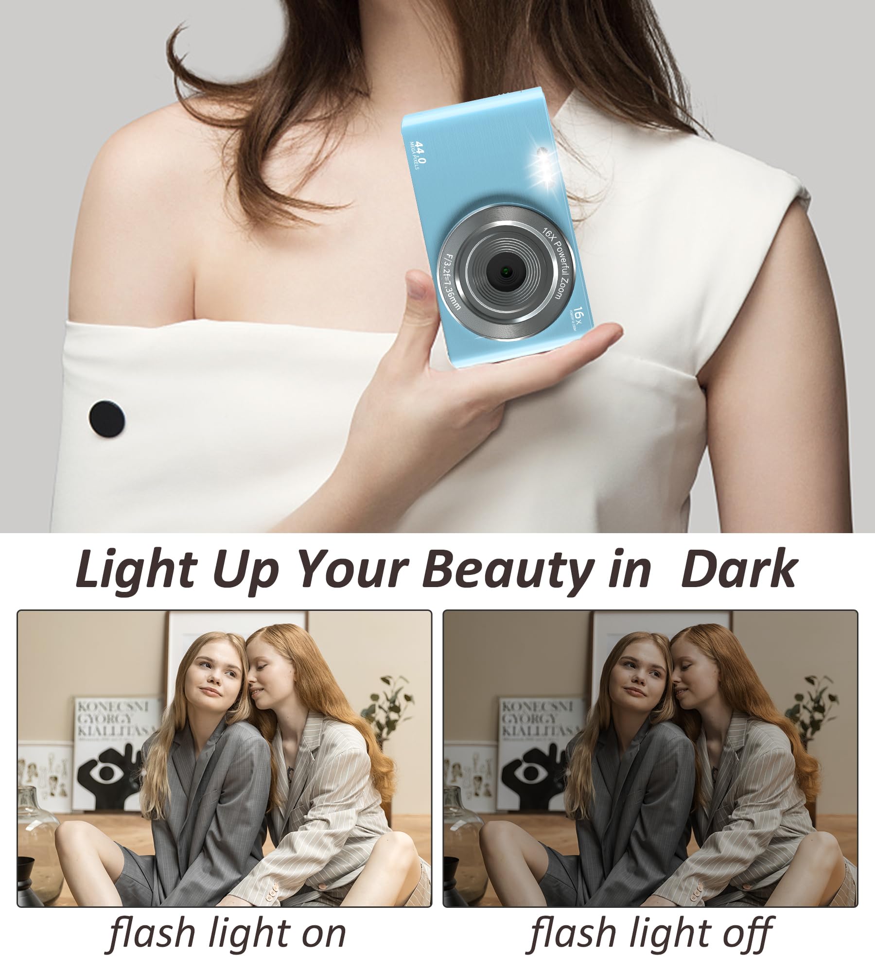 1080P Digital Camera for Photography and Video 44MP Vlogging Camera for YouTube Compact Camera 16X Digital Zoom with Flash,32G SD Card, 2 Batteries