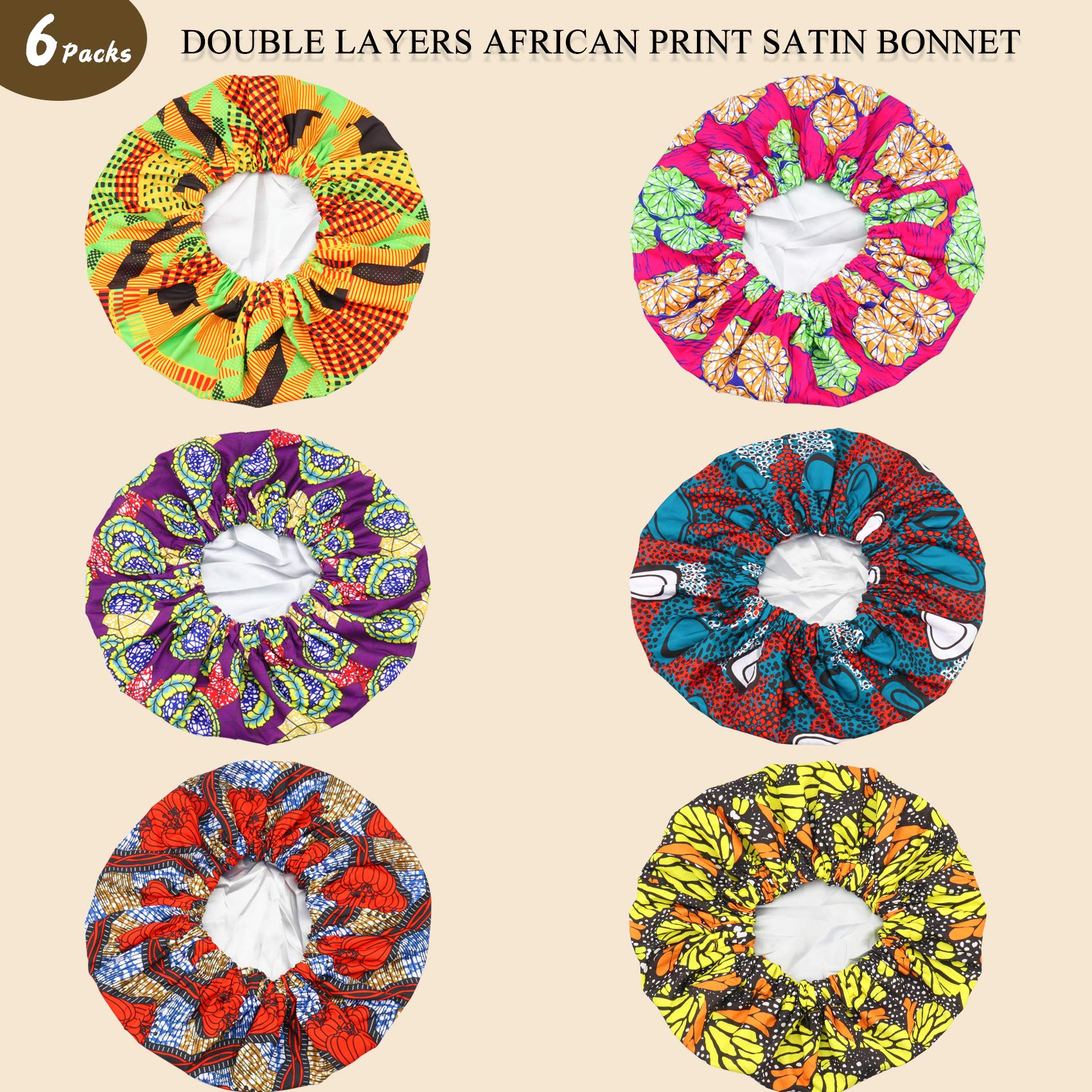 6 Packs Double Layer Satin Bonnet for Women Silk African Print Sleep Cap Head Scarf Large Head Wrap Soft Night Sleeping Hat Adjustable for Long Curly Natural Hair Braids