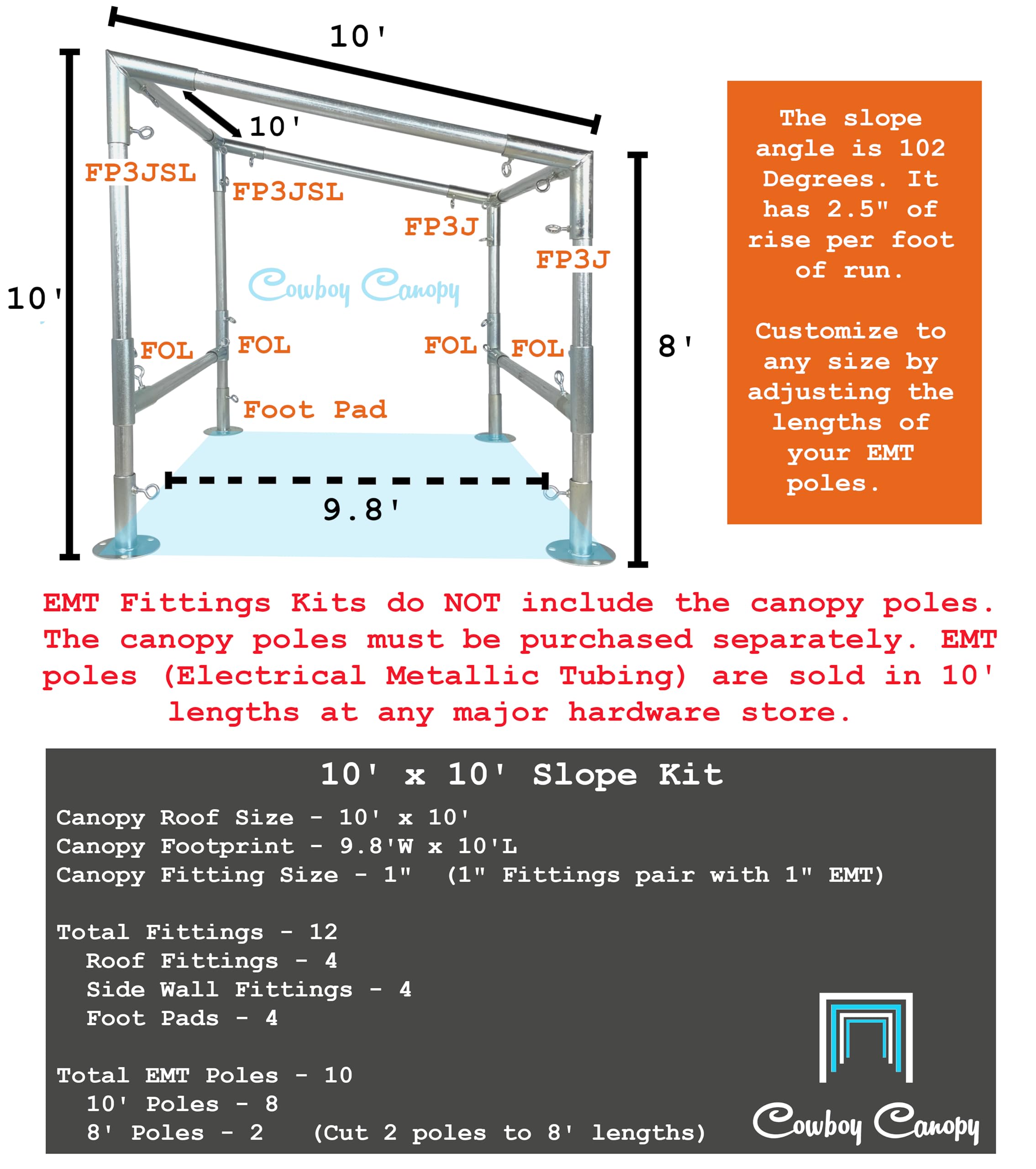10' x 10' Slope, Lean-to Canopy Fittings Kit, DIY Metal Carport Frame Parts, 1" EMT