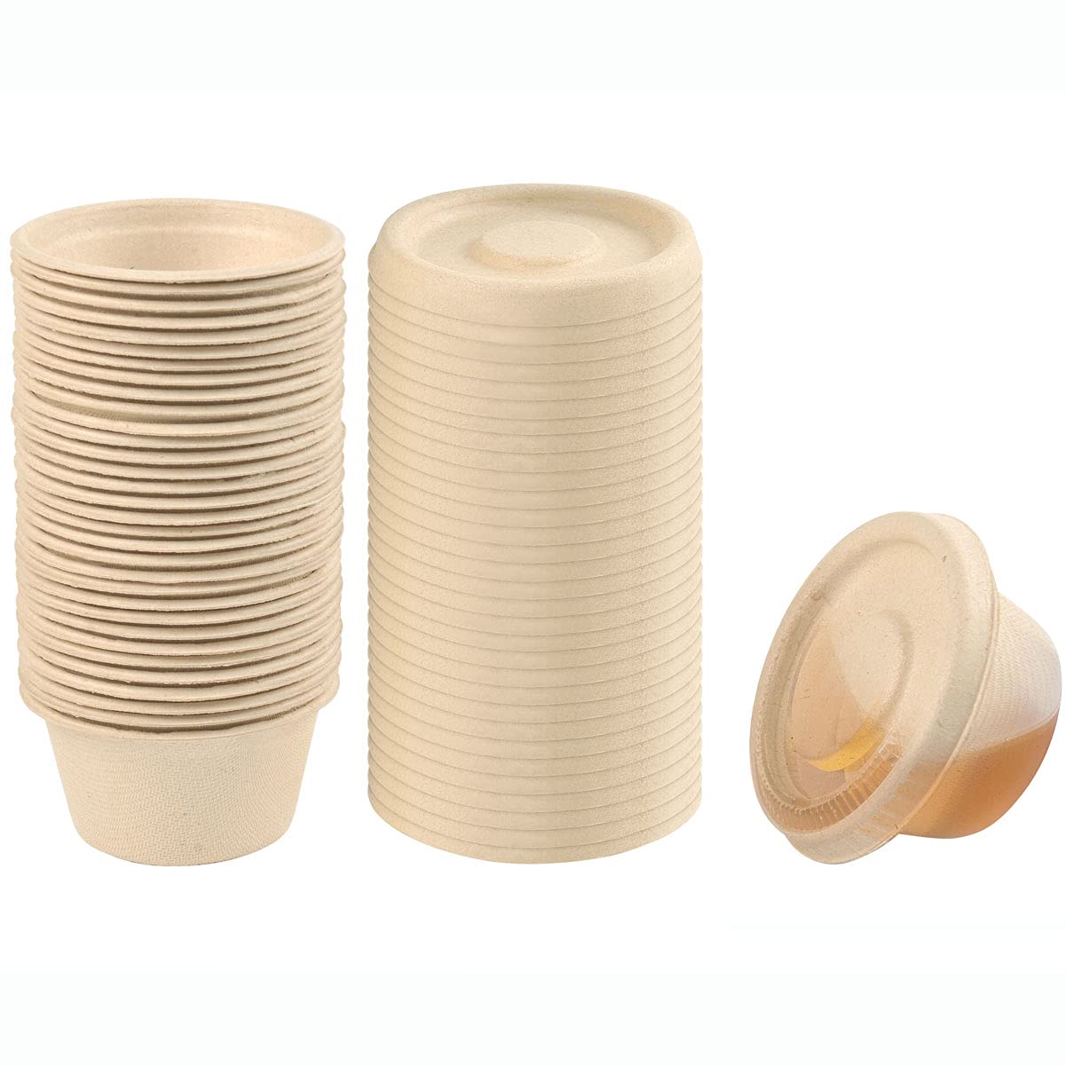 100% Compostable 2oz Sugarcane Containers with Lids,Biodegradable Condiment Jello Shot Cups,Eco Friendly Dipping Sauce and Salad Dressing Container,Disposable Mini Plastic Portion Souffle Cups