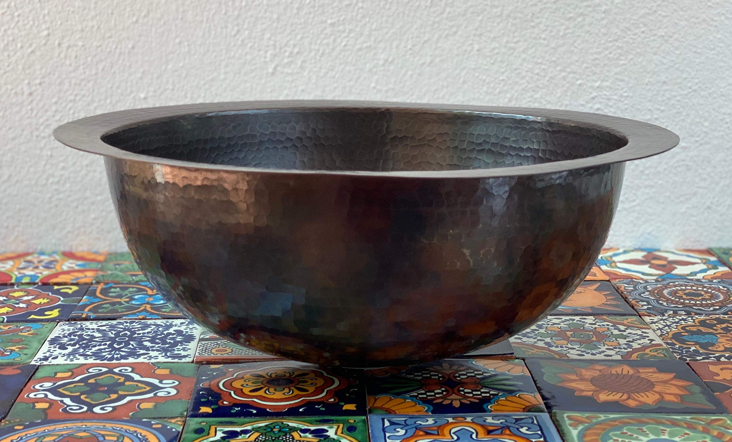 15" Round Copper Bathroom Sink Mexican Copper Bath Sink Pure Copper Hand Hammered Dual Mount Dark CPS05