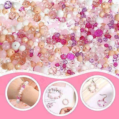 1000pcs Crystal Glass Beads Kit, 4/6/8mm Pink Loose Assorted Crystal Beads Sparkle Round Glass Beads with Holes for Jewelry Necklace Bracelet Making