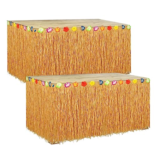 2 Pc Luau Grass Table Skirt, Hawaiian Table Skirt, 9 Feet Hawaiian Fringe Table Skirt, Grass Table Skirts for Luau Party, Luau Plastic Table Skirt for Hawaiian Luau Party Supplies Birthday Decoration