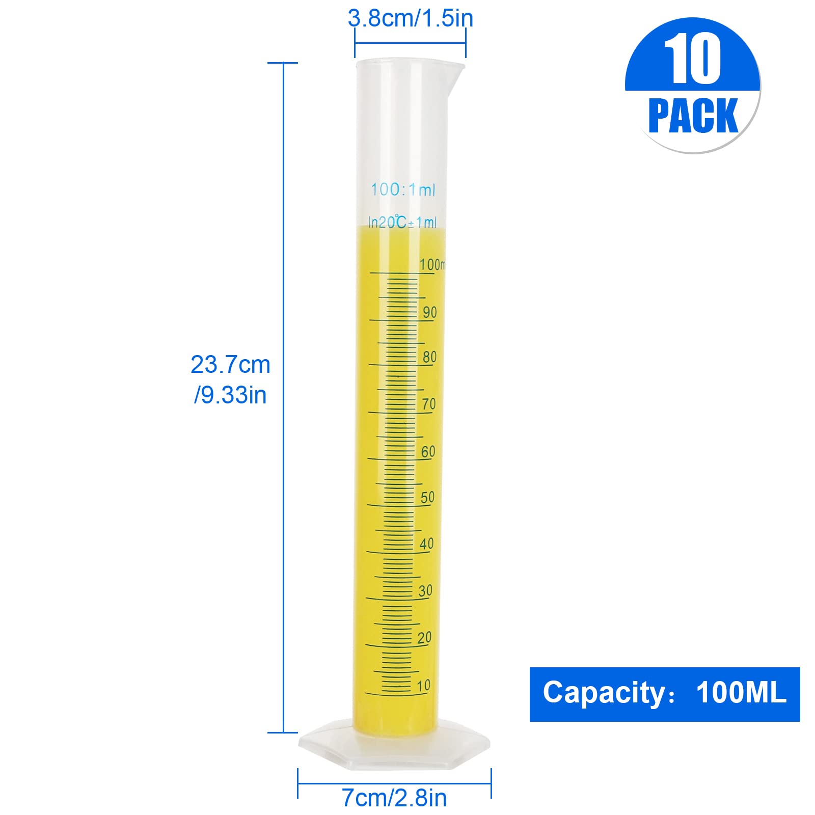 10Pack 100ml Plastic Graduated Cylinder, Transparent Measuring Cylinder Lab Test Tube Flask, 2 Sided Measuring Lines Graduated Cylinder Beaker for Science Lab Project, Pour Spout & Hexagonal Base