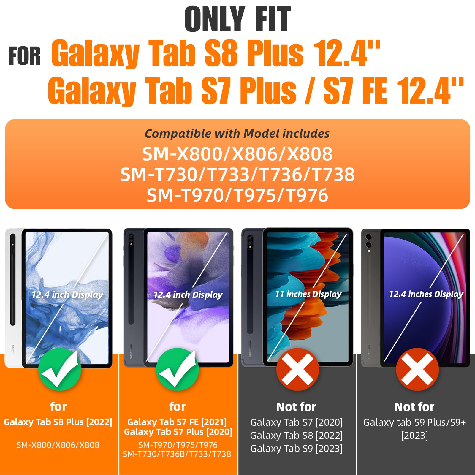 SEYMAC stock Case for Samsung Galaxy Tab S7 FE / S8 Plus 5G Case 12.4'' with Screen Protector Pencil Holder [360 Rotating Hand Strap] &Stand, Drop-Proof, Black