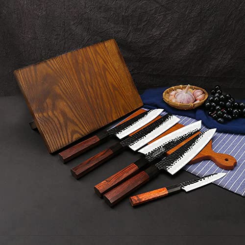 WILDMOK Kitchen Knife Set with Block 6 Pieces Sharp Professional Chef Knife Set 3 Layers 9Cr18MoV Clad Steel Knife Set with Magnetic Knife Block