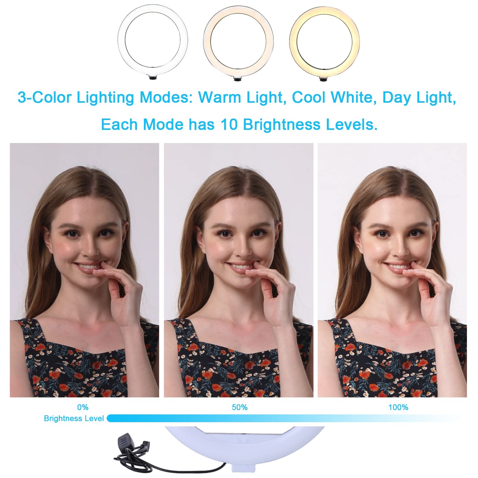 10'' Ring Light with 50'' Extendable Tripod Stand, LED Circle Lights with Phone Holder for Live Stream/Makeup/YouTube Video/TikTok, Compatible with All Phones
