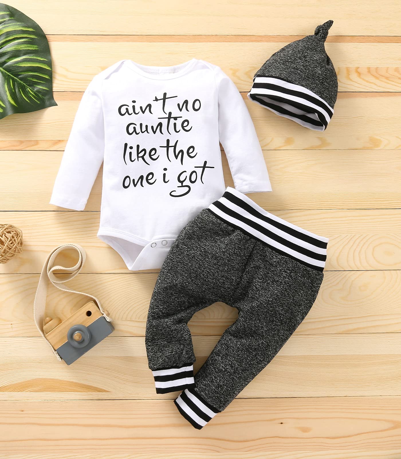 Aint No Auntie Like The One I Get Baby Boy Clothes Auntie Saying Letter Print Long Sleeve Romper Pants Hats (White, 3-6 Months)