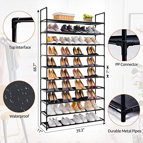 Apicizon 10 Tiers Shoe Rack, 50 Pairs Shoe Storage Organizer, Non-Woven Fabric Metal Shoe Shelf Tower, Shoe Rack Organizer for Closet/Entryway/Garage, Black