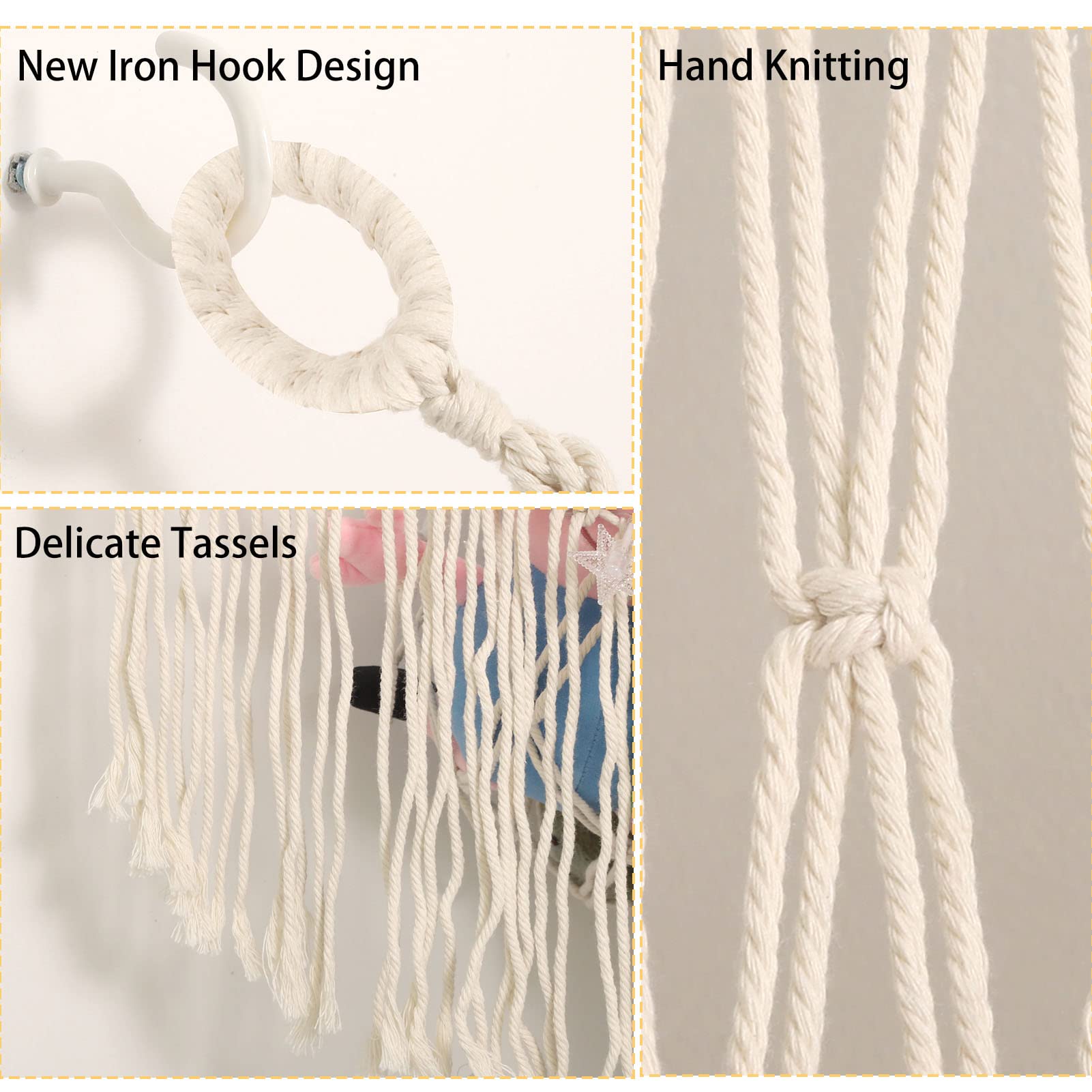 63" x 63" x 51.2" Boho Stuffed Animal Toy Hammock Macrame Large Corner Mesh Toy Storage Hanging Wall Toys Organizer with Light for Bedroom Decor