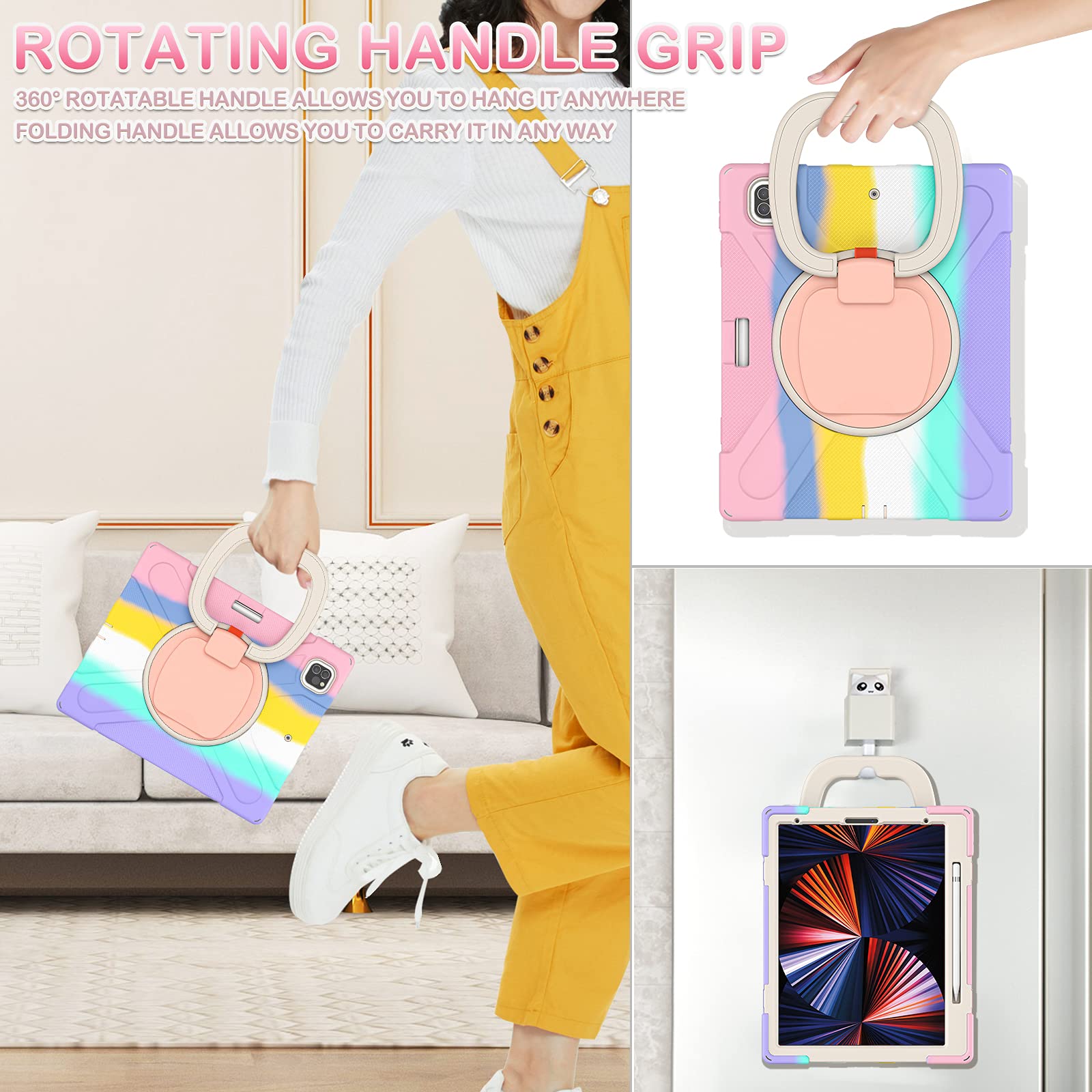 BATYUE iPad Pro 12.9 2021 Case,[Rugged] [Heavy Duty] iPad Pro 12.9 5th Generation Case with 360° Swivel Stand/Handle Grip/Shoulder Strap/Wireless Apple Pencil Charging Pencil Holder - Colourful Pink