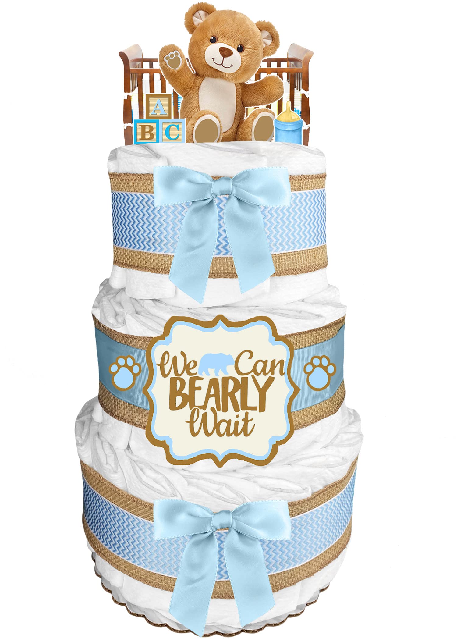 Teddy Bear Diaper Cake - We Can Bearly Wait - Baby Gift for a Boy - Burlap and Blue