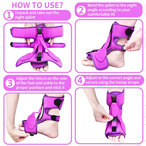2 Pack Plantar Fasciitis Night Splint with 3 Fixing Straps, Adjustable Achilles Tendonitis Relief Night Splints for Plantar Fasciitis, Foot Drop Ankle Pain, Heel Pain, Achilles Tendonitis(Purple)