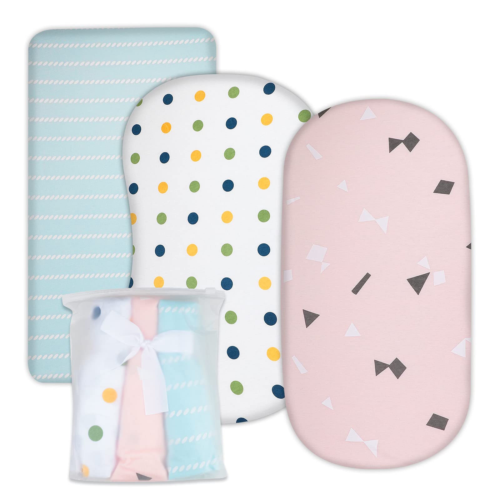 MOEMOE BABY Bassinet Sheets, 3 Pack Fitted Bassinet Sheets for Baby Boys and Girls, 100% Cotton Bassinet Cover for Oval, Hourglass & Rectangle Mattress